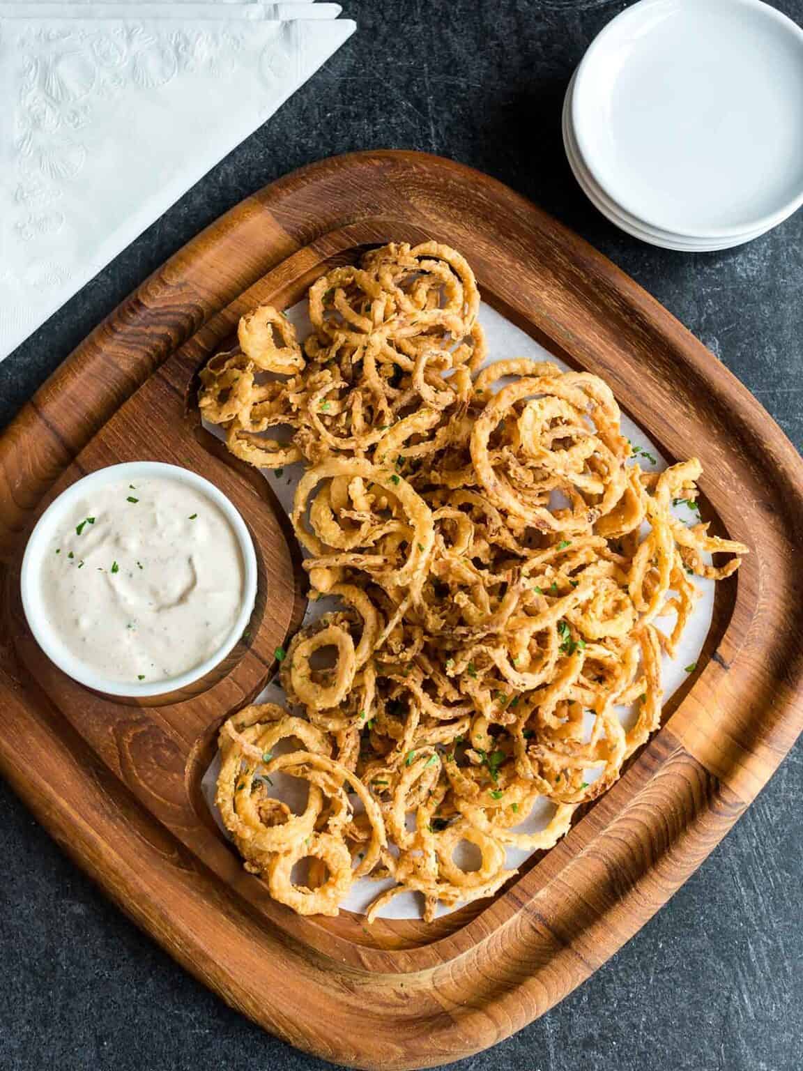 Crispy Cajun Onion Strings with Spicy Dipping Sauce - Pudge Factor