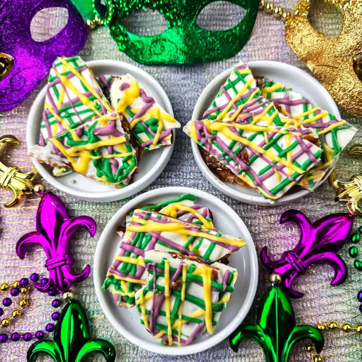 Easy King Cake Pretzel Bark - Pudge Factor