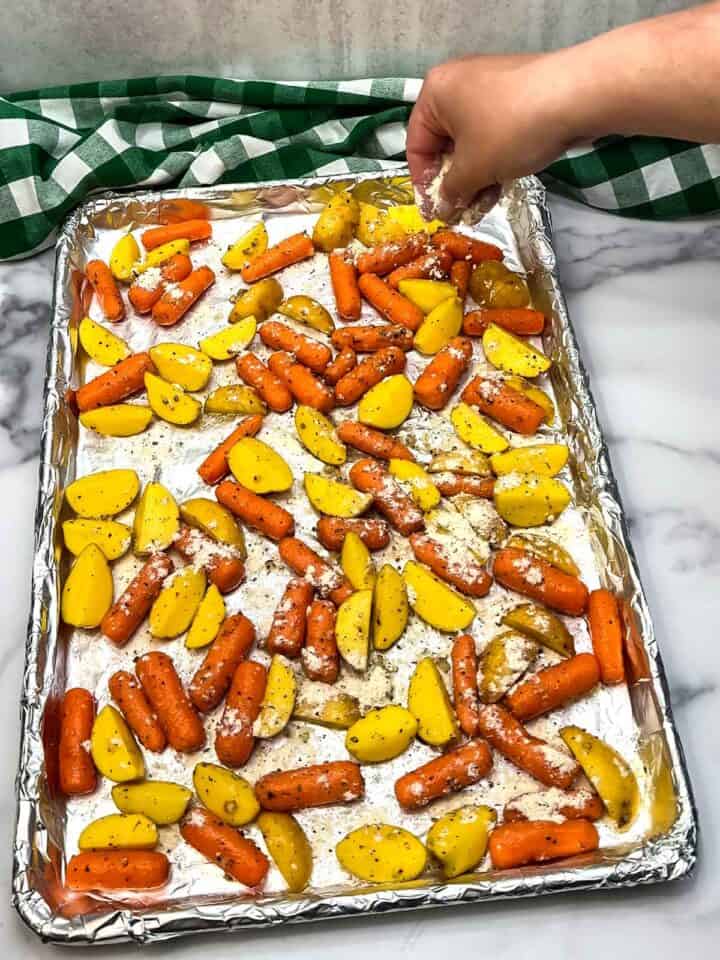 Simple Sheet Pan Ranch Chicken Thighs with Potatoes and Carrots - Pudge ...