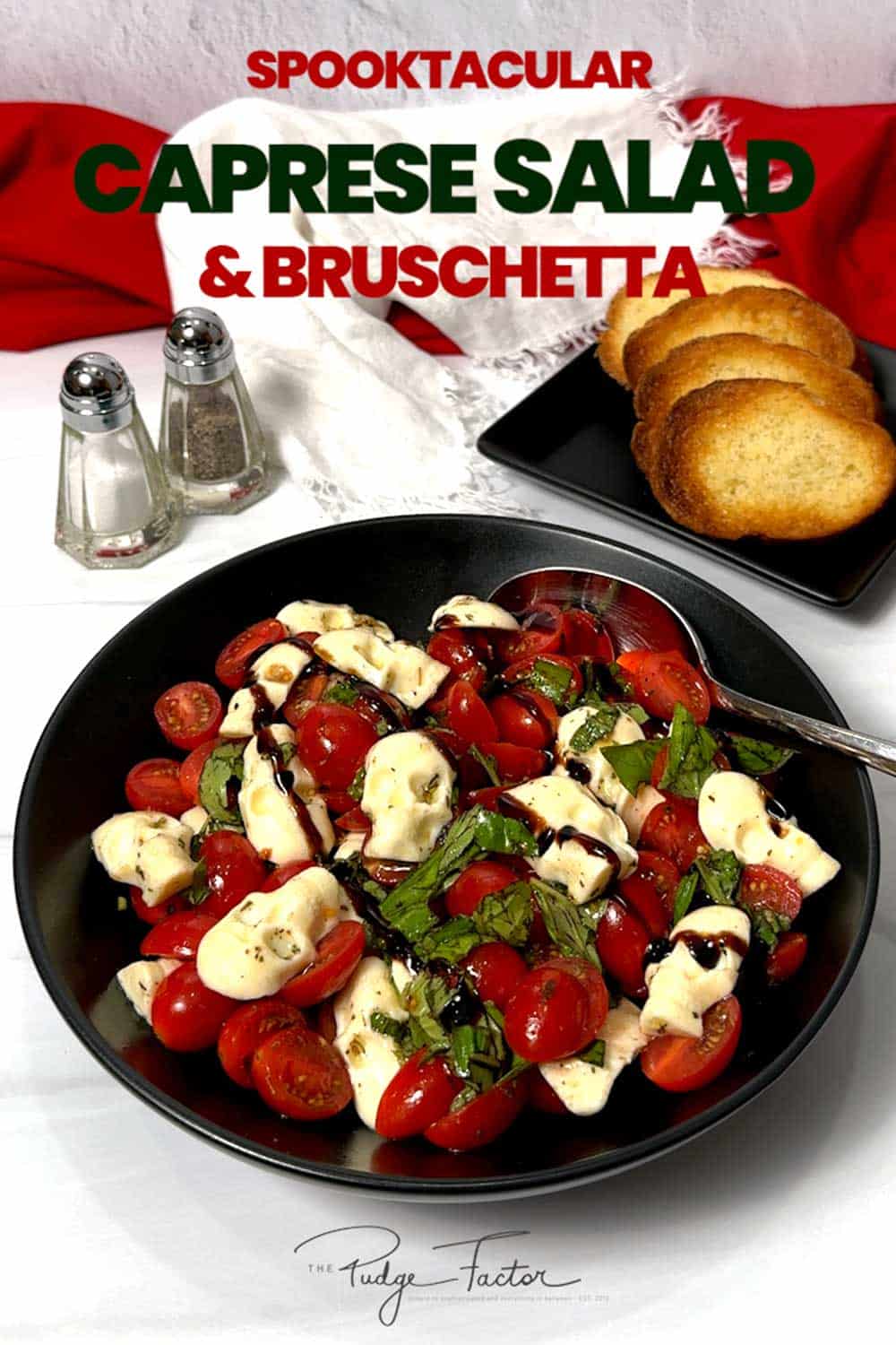 Spooky Caprese Skull Salad & Bruschetta Bites - Pudge Factor