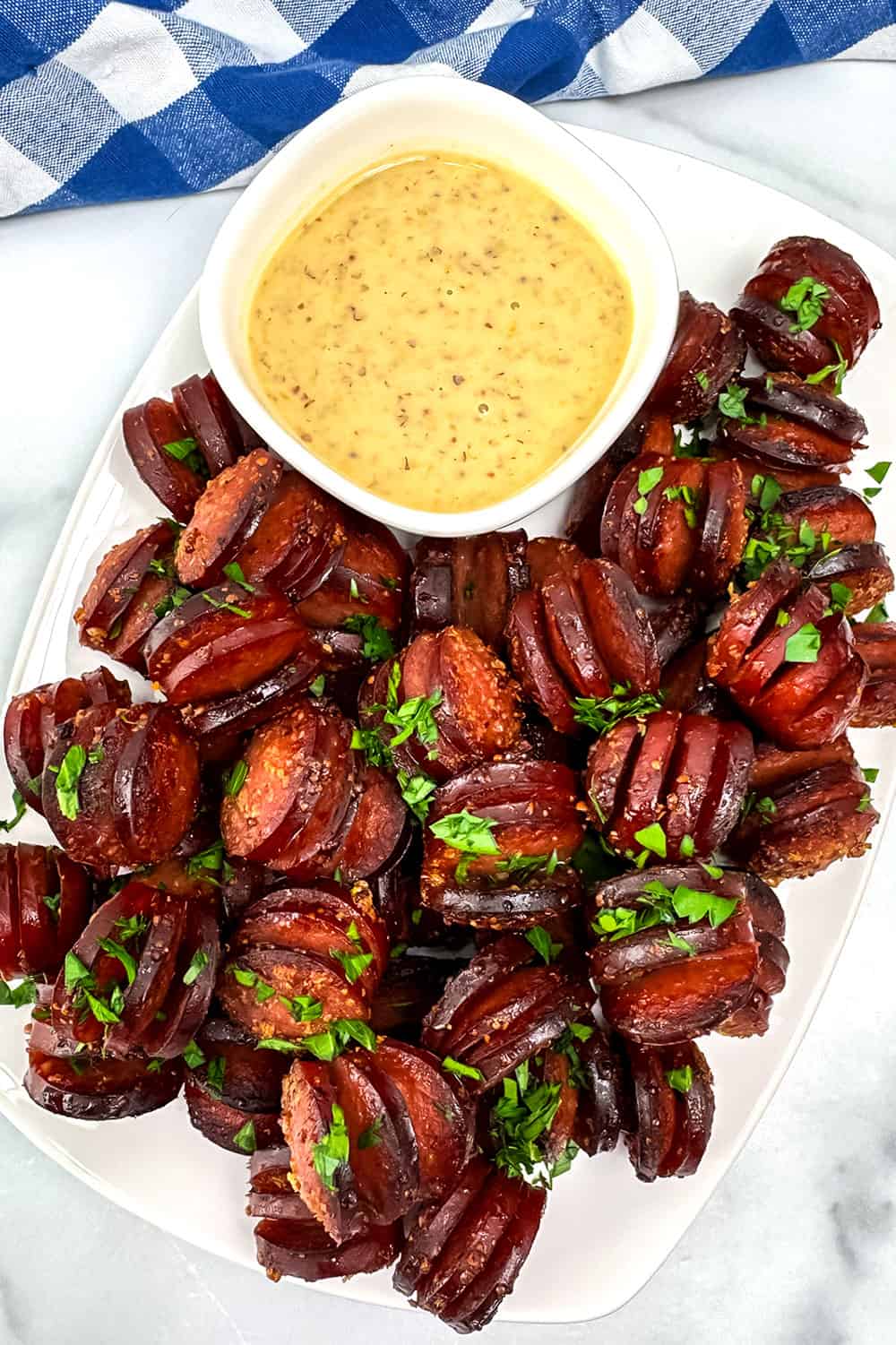 Easy Mustard Hasselback Kielbasa Bites - Pudge Factor