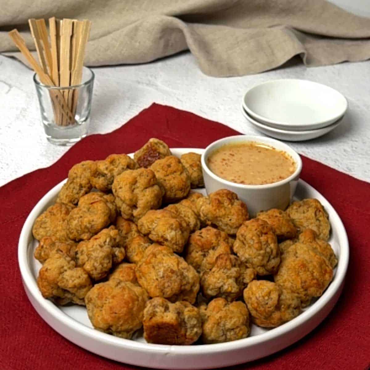 Easy Three Cheese Sausage Balls with Maple Dijon Dip - Pudge Factor